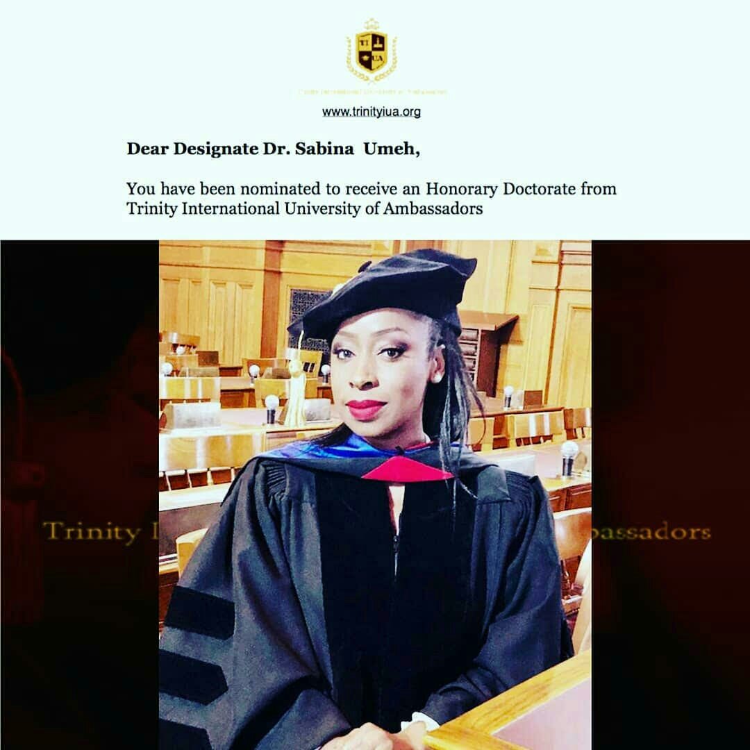 Ex-beauty queen, Sabina Umeh conferred with honourary doctorate degree ...